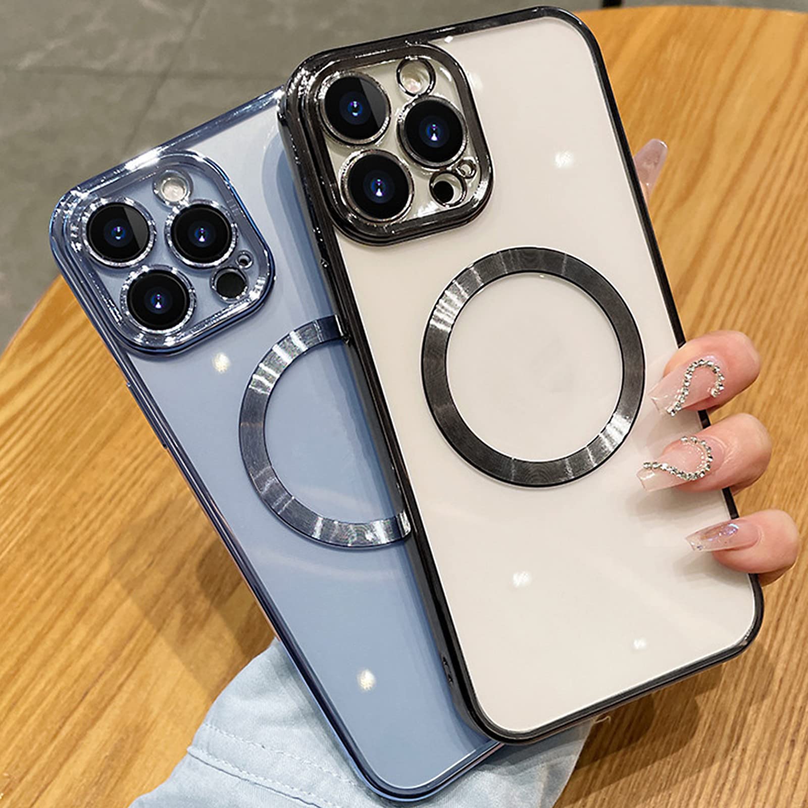 aowner Magnetic Clear Case for iPhone 13 Pro Max Case with Camera Lens Protector, Compatible with MagSafe, Non-Yellowing Slim Fit Shockproof Shining for Women Girls Protective Phone Cover 6.7", Blue