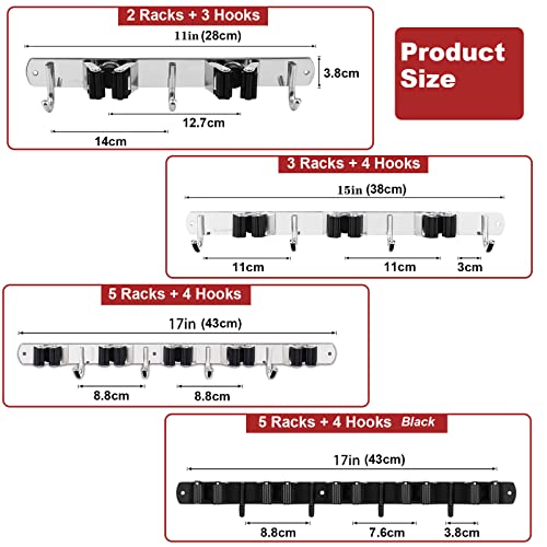 3 Racks and 4 Hooks Broom and Mop Holder Wall Mounted Garage Organizer Storage Tool Racks Stainless Steel Heavy Duty Hooks Self Adhesive Solid Non-slip Wall Hangers for Home Kitchen Garden Laundry