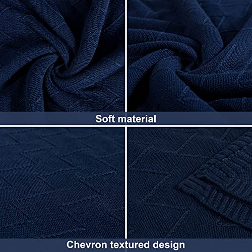 NTBAY Rayon Cotton Cable Knitted Throw Blanket, Breathable and Silky Soft Chevron Textured RPET Decorative Blanket for Couch, Sofa, Bed, 51x67 Inches, Navy Blue