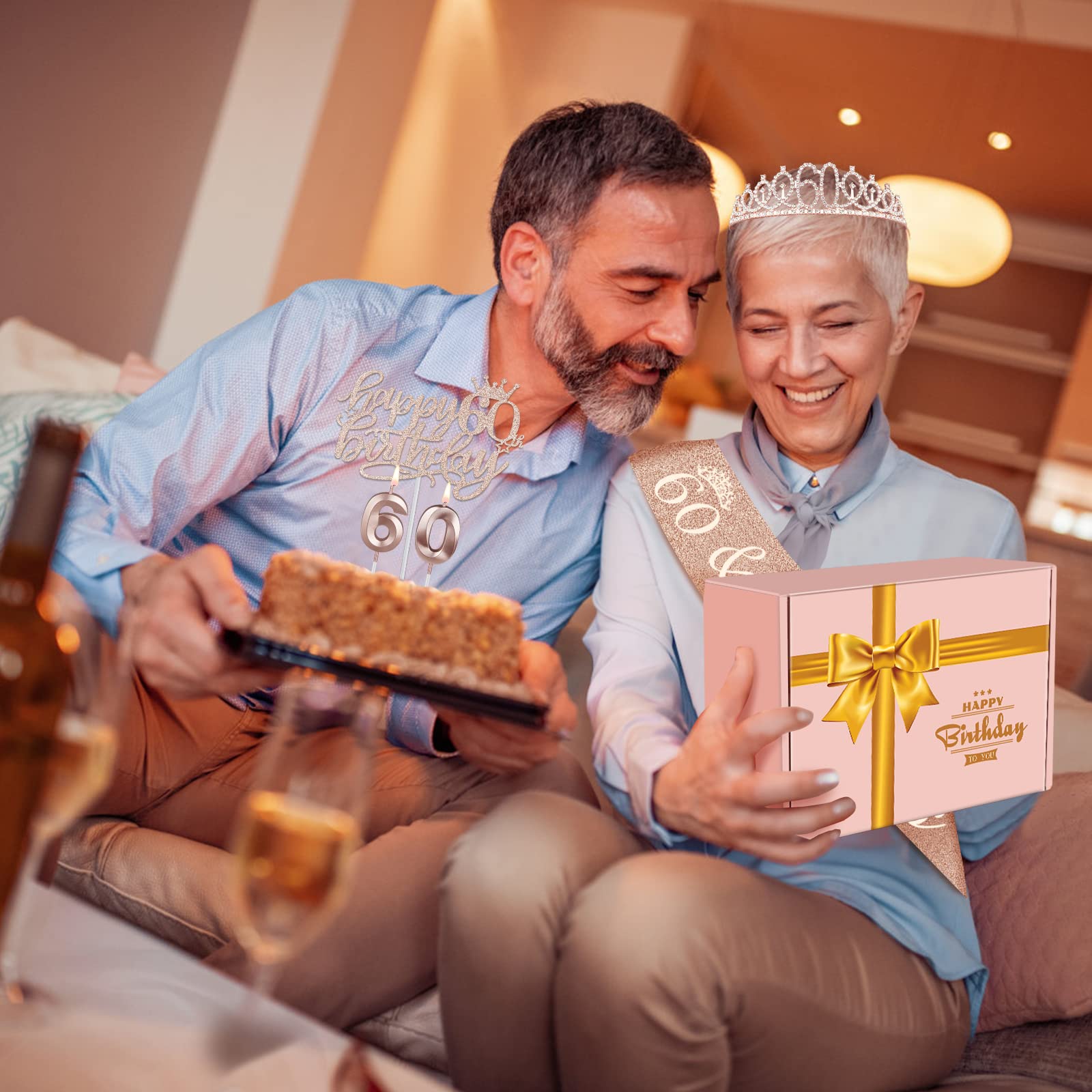 60th Birthday Decorations for Women, Include 60th Birthday Sash and Tiara, Cake Topper and Candles, Number Balloons, 60 Year Old Gifts Women