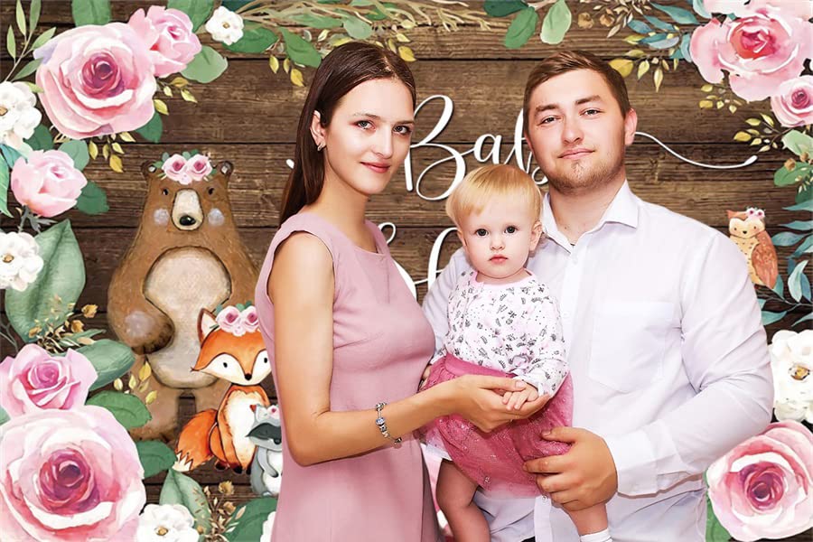 Leowefowa 7x5ft Baby Shower Backdrop Jungle Animal Pink Rose Leaf Leaf Photography Background Newborn Birthday Party Banner Photo Booth Studio Shoot Props