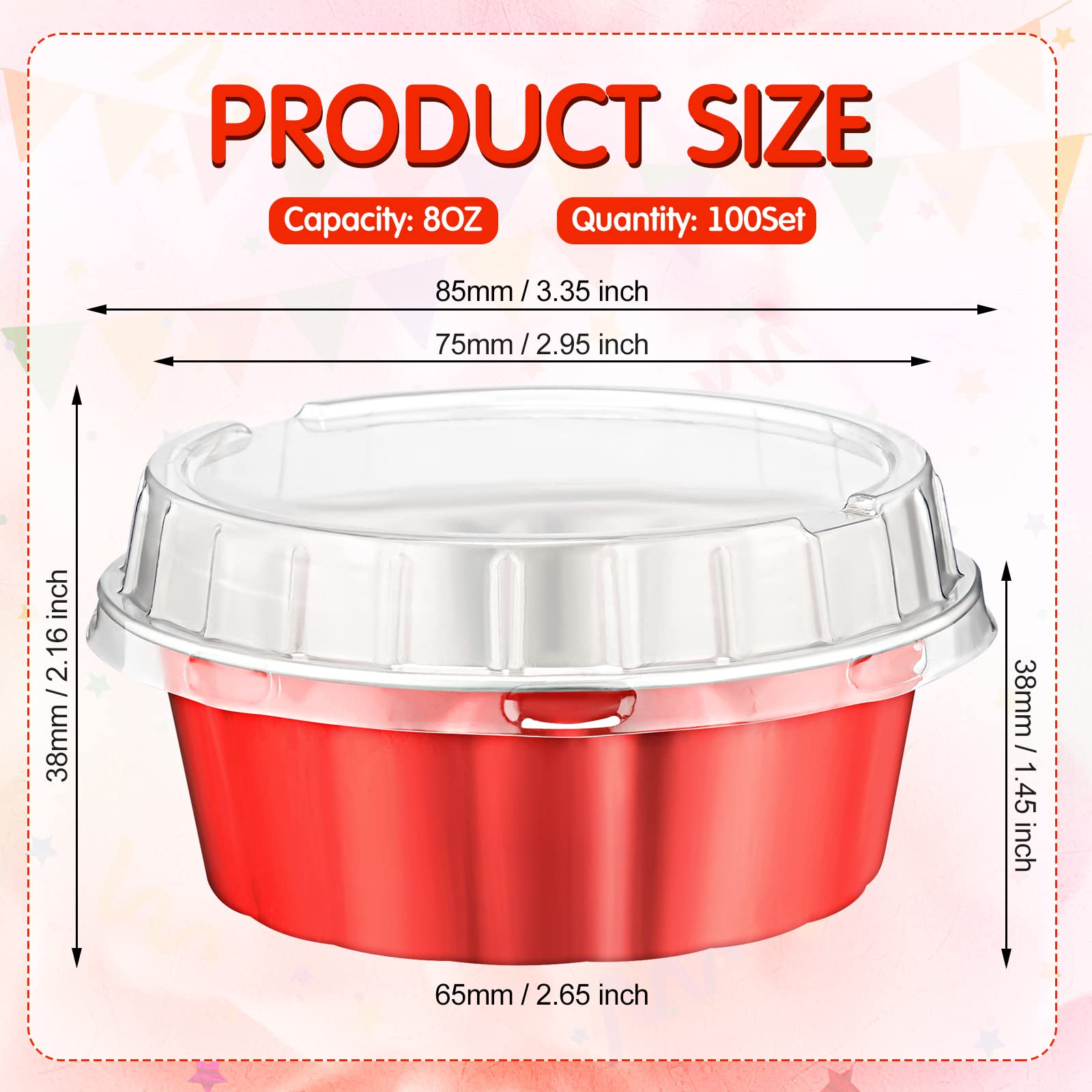 100 Pack Disposable Ramekins with Lids 8 oz Creme Brulee Ramekin Aluminum Foil Cup Cupcake Liner for Baking Disposable Muffin Tin Pan Cheesecake Container for Catering Wedding Party (Red, Silver)
