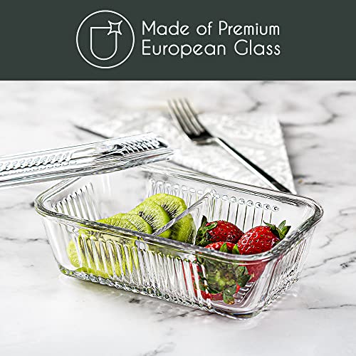 Crystalia Divided Glass Food Storage Containers with Lid, 2 Compartment Glass Meal Prep Containers for Butter and Honey, Lunch, Snacks, Leftovers, Divided Storage Glassware, 13.7 oz