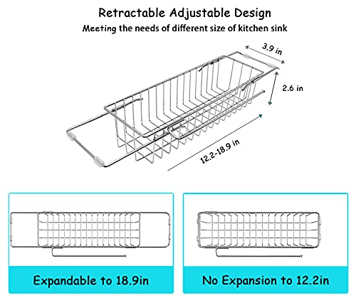 iBigLY Telescopic Kitchen Sink Caddy Sponge Holder, Expandable(12''-19'') Brush Soap Storage Rack with Dish Cloth Hanger, Stainless Stee Kitchen Sink Organizer, No Drilling