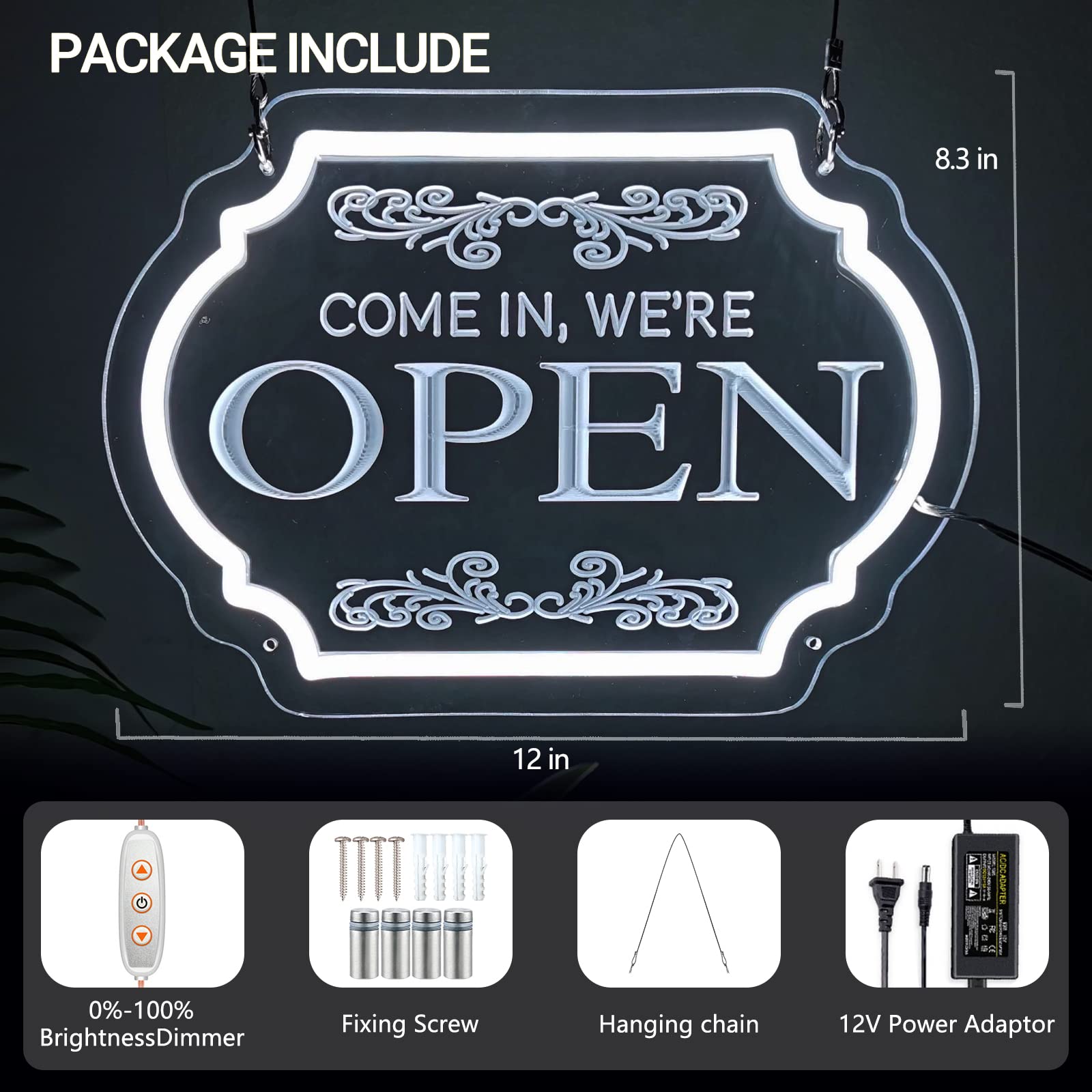 MinIeoh Open Closed LED Neon Sign, 3D Engraved Light Up Wall Door Window Decor Sign, 2PCS/SET, For Business Coffee Beer Salon Studio Bar Restaurants Hotel Office