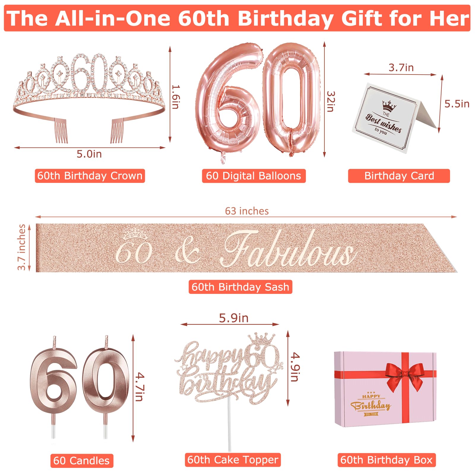 60th Birthday Decorations for Women, Include 60th Birthday Sash and Tiara, Cake Topper and Candles, Number Balloons, 60 Year Old Gifts Women