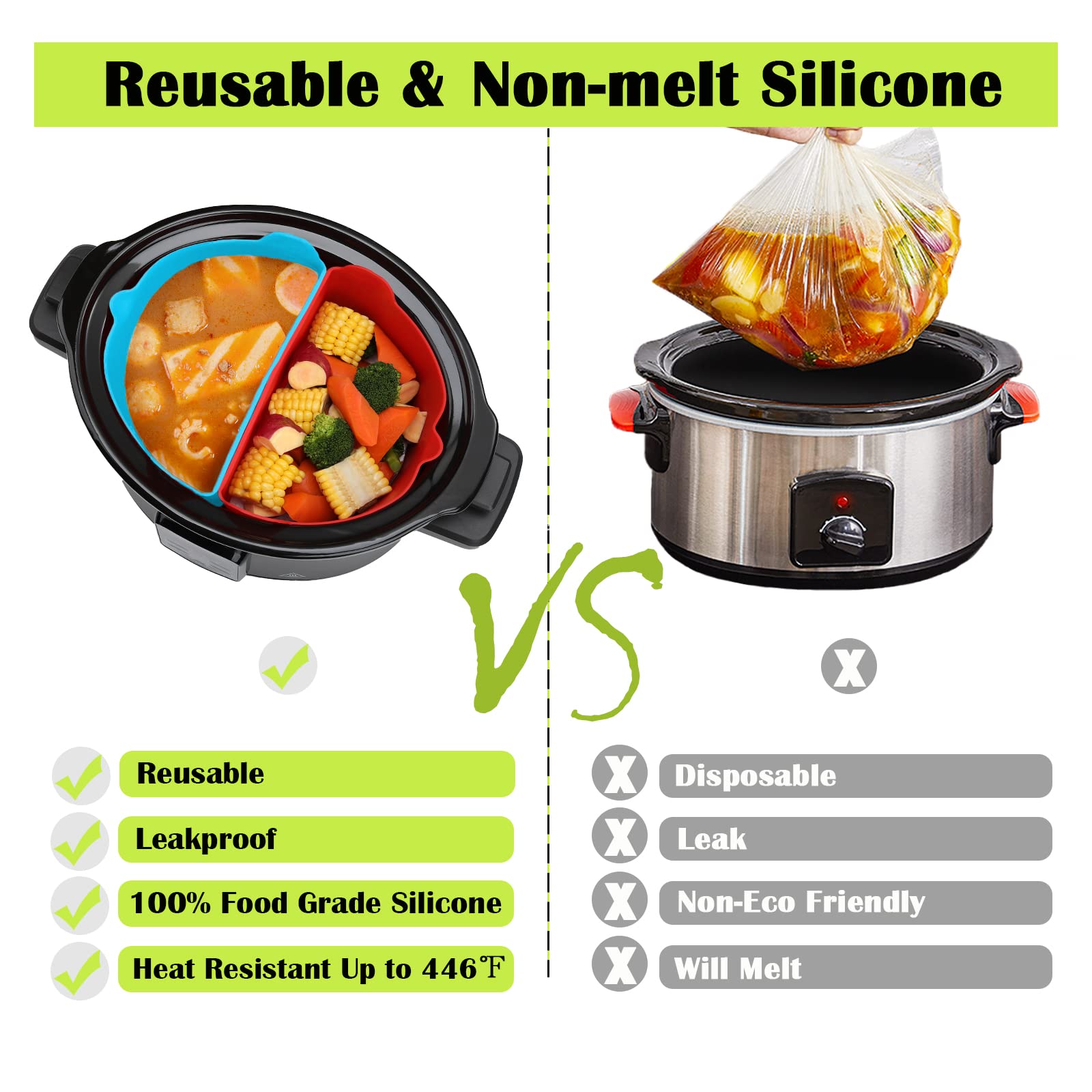 Slow Cooker Liners,LYHOLKEER Silicone Slow Cooker Liner for 6 QT Crockpot & Hamilton Beach,2 IN1 Reusable Slow Pot Divider Insert,Leakproof & Dishwasher Safe, BPA Free (Red+Blue)