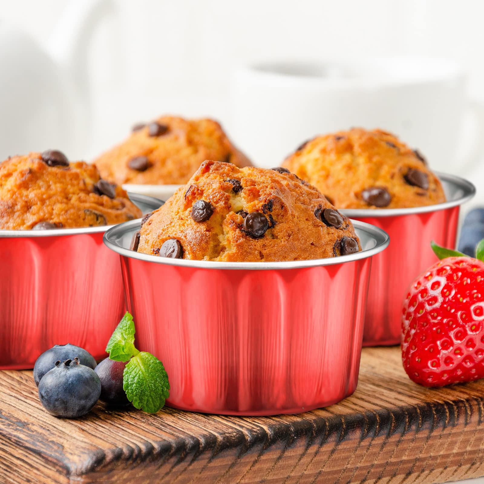 100 Pack Disposable Ramekins with Lids 8 oz Creme Brulee Ramekin Aluminum Foil Cup Cupcake Liner for Baking Disposable Muffin Tin Pan Cheesecake Container for Catering Wedding Party (Red, Silver)