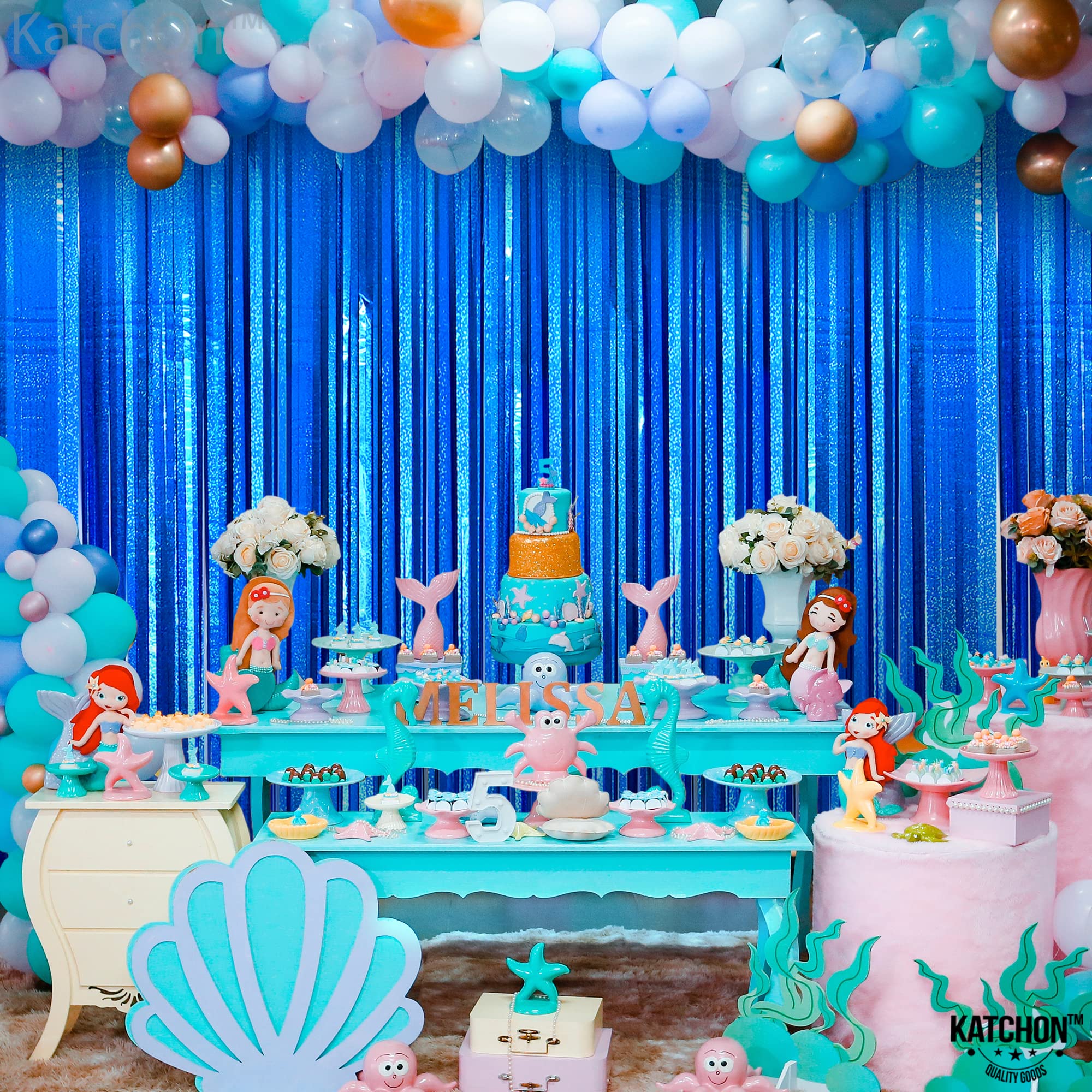 KatchOn, Iridescent Blue Streamers Backdrop - 3.2x8 Feet, Pack of 2 | Graduation Backdrop 2024, Graduation Decorations 2025, Pool Party Decorations | Iridescent Blue Backdrop, Summer Party Decorations