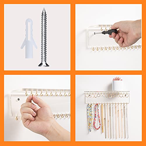 2 Pieces Acrylic Jewelry Organizer Wall Mounted with 60 Hooks, Hanging Jewelry Organizer Holder Display for Hanging Rings, Earrings, Necklace Holder (Clear)