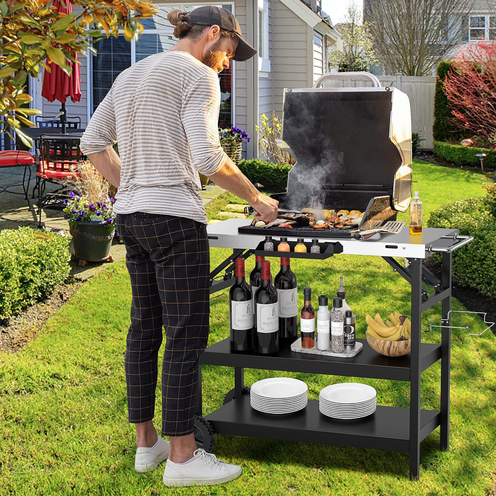 Giantex Outdoor Grill Cart with Wheels, Food Prep Table with 3 Storage Shelves, Detachable Spice Rack, Garbage Bag Holder, 4 Hooks, Movable Dining Cart Worktable Trolley for Outside Kitchen BBQ