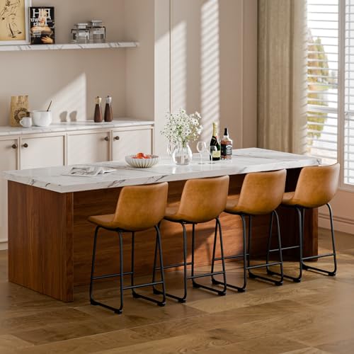 Aowos Bar Stools Set of 4, Modern Counter Height Bar Stools with Back, 26 inch Faux Leather Bar Stools with Metal Legs and Footrest, Urban Armless Dining Chairs for Kitchens Island (Brown)