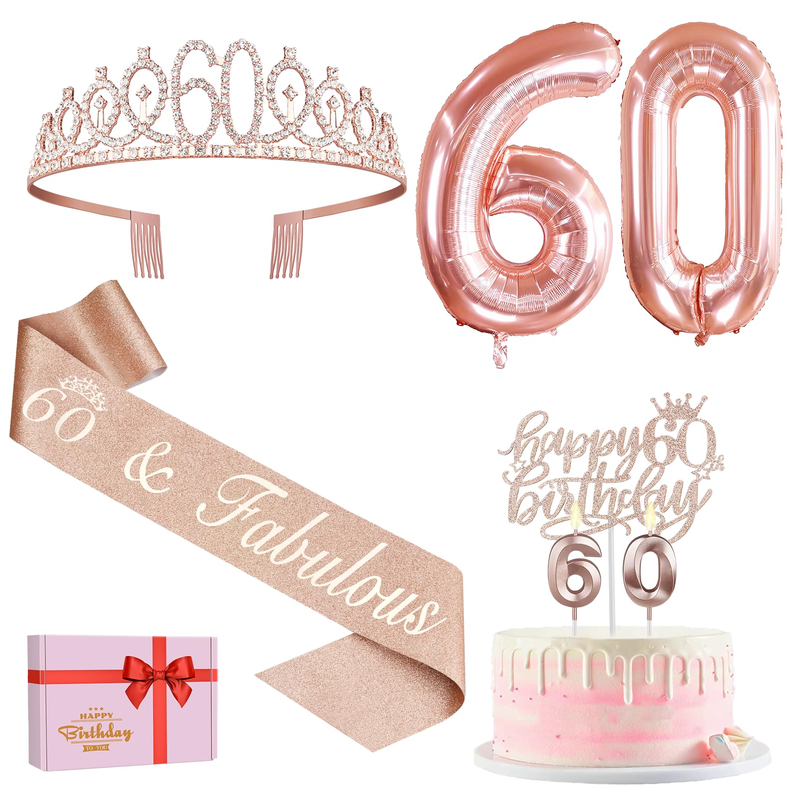 60th Birthday Decorations for Women, Include 60th Birthday Sash and Tiara, Cake Topper and Candles, Number Balloons, 60 Year Old Gifts Women