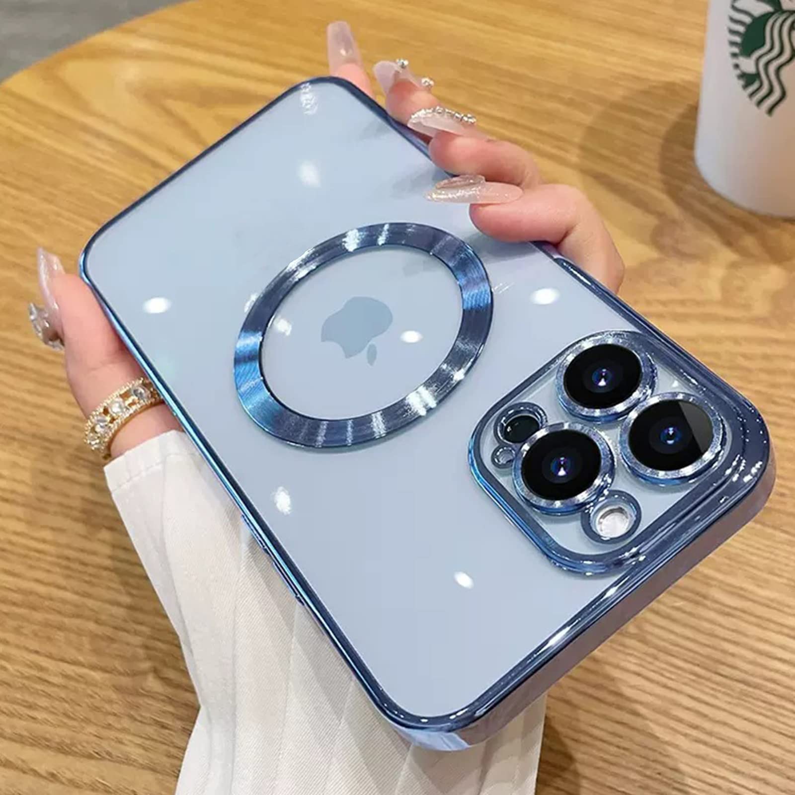 aowner Magnetic Clear Case for iPhone 13 Pro Max Case with Camera Lens Protector, Compatible with MagSafe, Non-Yellowing Slim Fit Shockproof Shining for Women Girls Protective Phone Cover 6.7", Blue