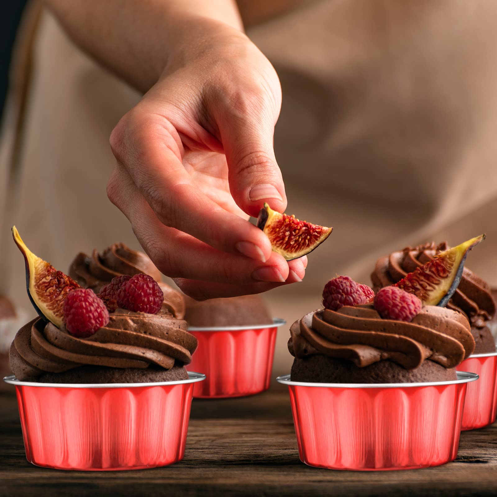 100 Pack Disposable Ramekins with Lids 8 oz Creme Brulee Ramekin Aluminum Foil Cup Cupcake Liner for Baking Disposable Muffin Tin Pan Cheesecake Container for Catering Wedding Party (Red, Silver)