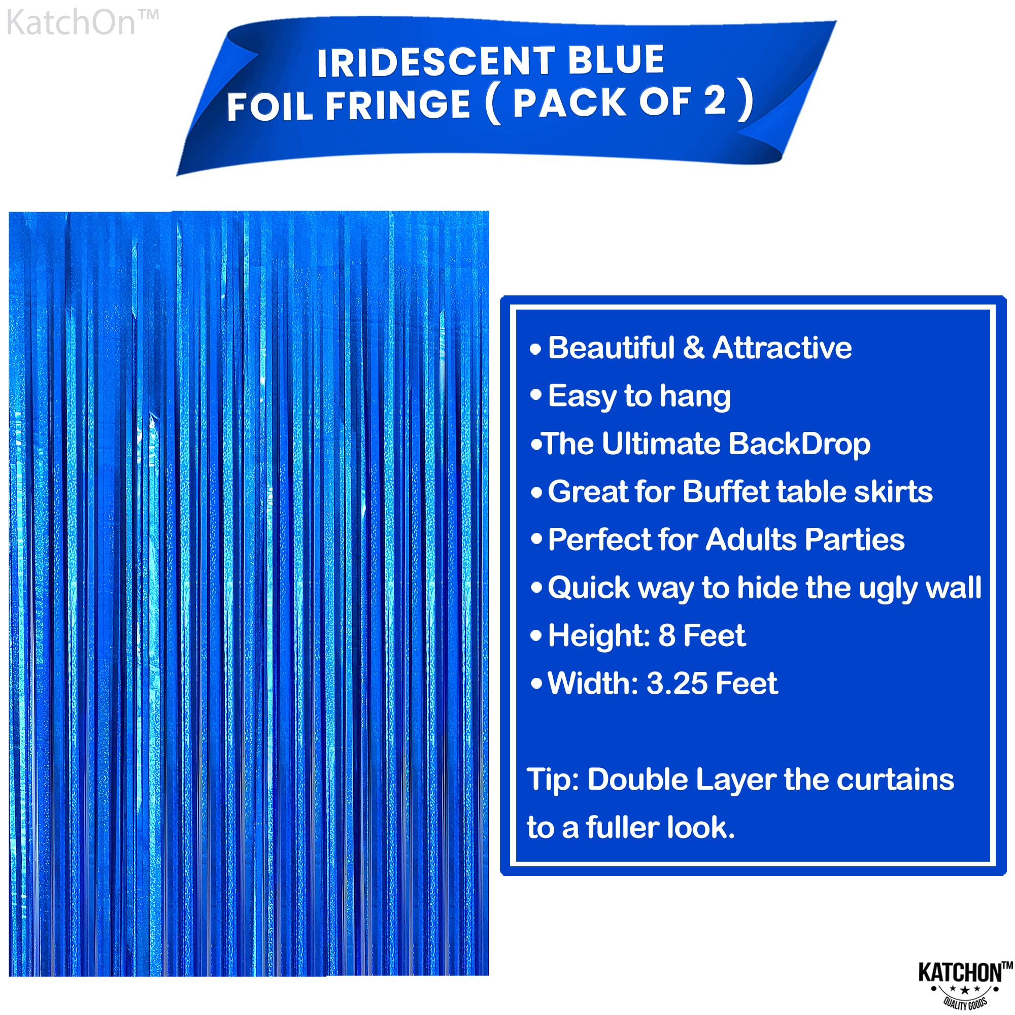 KatchOn, Iridescent Blue Streamers Backdrop - 3.2x8 Feet, Pack of 2 | Graduation Backdrop 2024, Graduation Decorations 2025, Pool Party Decorations | Iridescent Blue Backdrop, Summer Party Decorations
