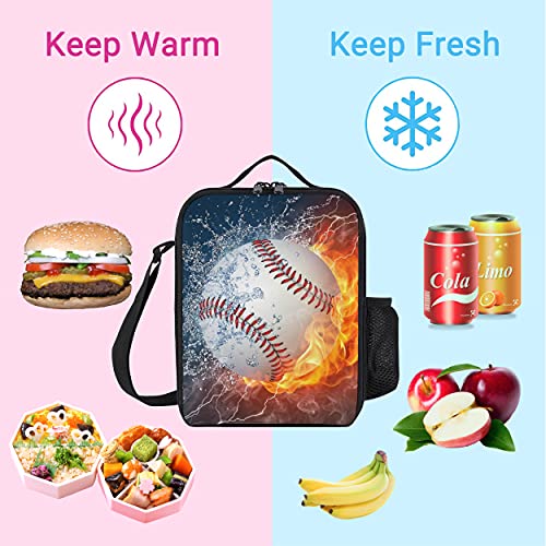 Insulated Lunch Box for Girls Boys, Leakproof Portable Lunch Bags with Adjustable Shoulder Strap and Side Pocket, Durable Reusable Cooler Tote Bag for Beach/Picnic/Office/Collega (Fire Baseball)