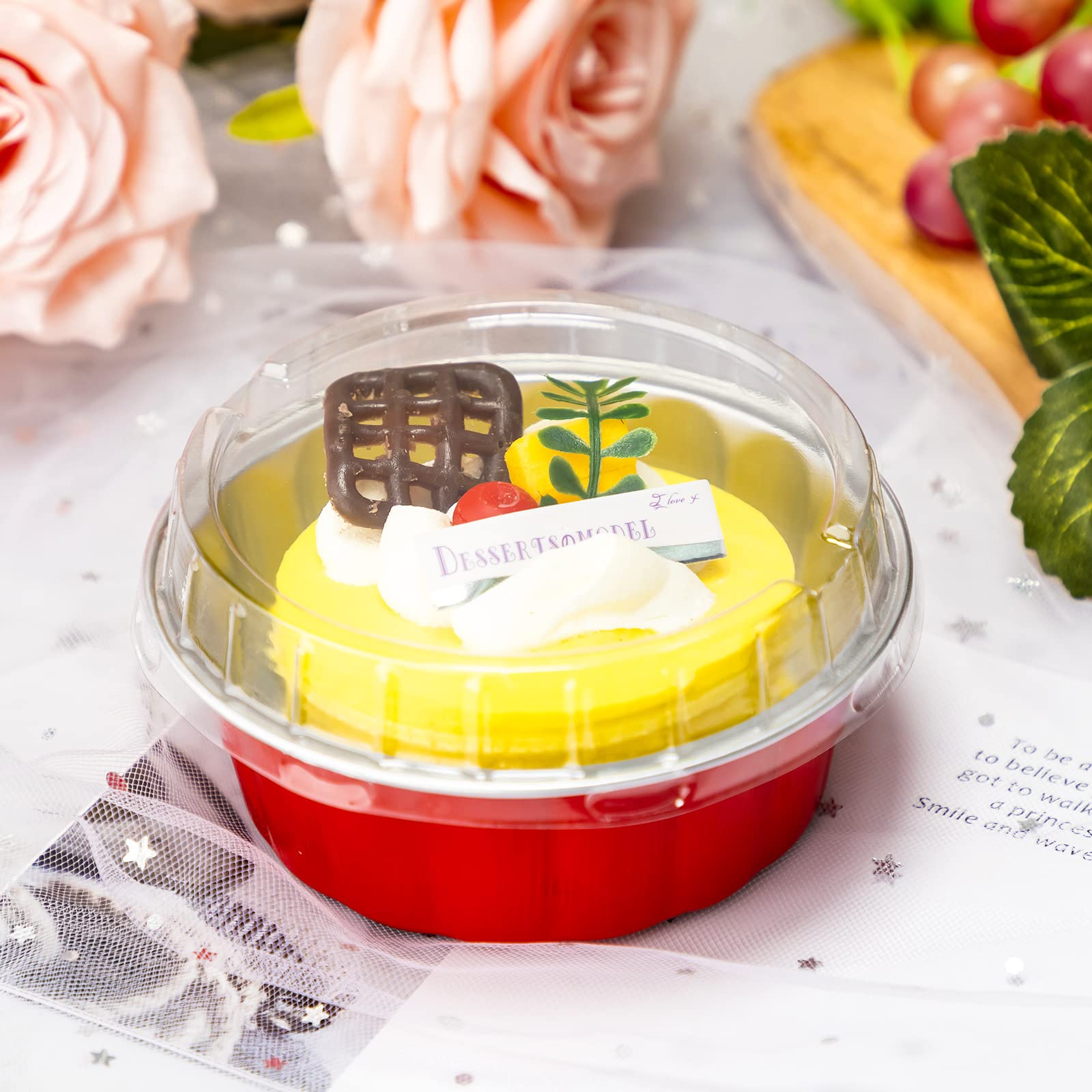 100 Pack Disposable Ramekins with Lids 8 oz Creme Brulee Ramekin Aluminum Foil Cup Cupcake Liner for Baking Disposable Muffin Tin Pan Cheesecake Container for Catering Wedding Party (Red, Silver)