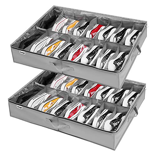 INAYA Under Bed Shoe Storage Organizer Set of 2, Fits 32 Pairs, Underbed Shoe Box Storage Containers Adjustable Dividers w/Bottom Support Velcro, Clear Foldable Shoes Storage w/Reinforced Handles