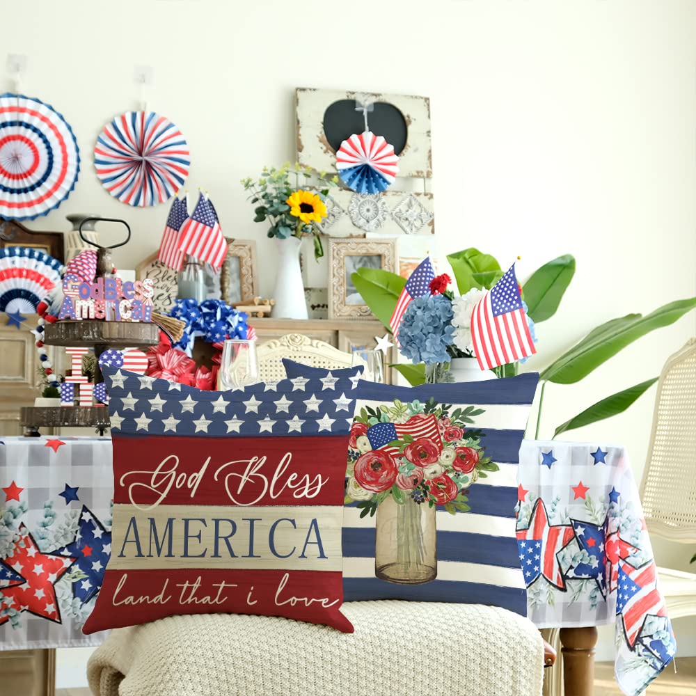GEEORY 4th of July Decorations Pillow Covers 18 x 18 Set of 4 Star and Stripe Freedom Boot Floral Flag Throw Pillow Covers Patriotic Pillows Independence Memorial Day Decor Cushion Case G325-18