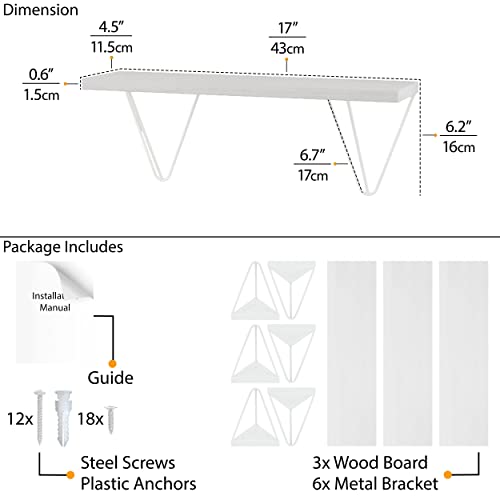 Wallniture Colmar Washed White Floating Shelves for Wall, Wood Wall Shelves for Living Room, Geometric Triangle Shelf with White Brackets Set of 3