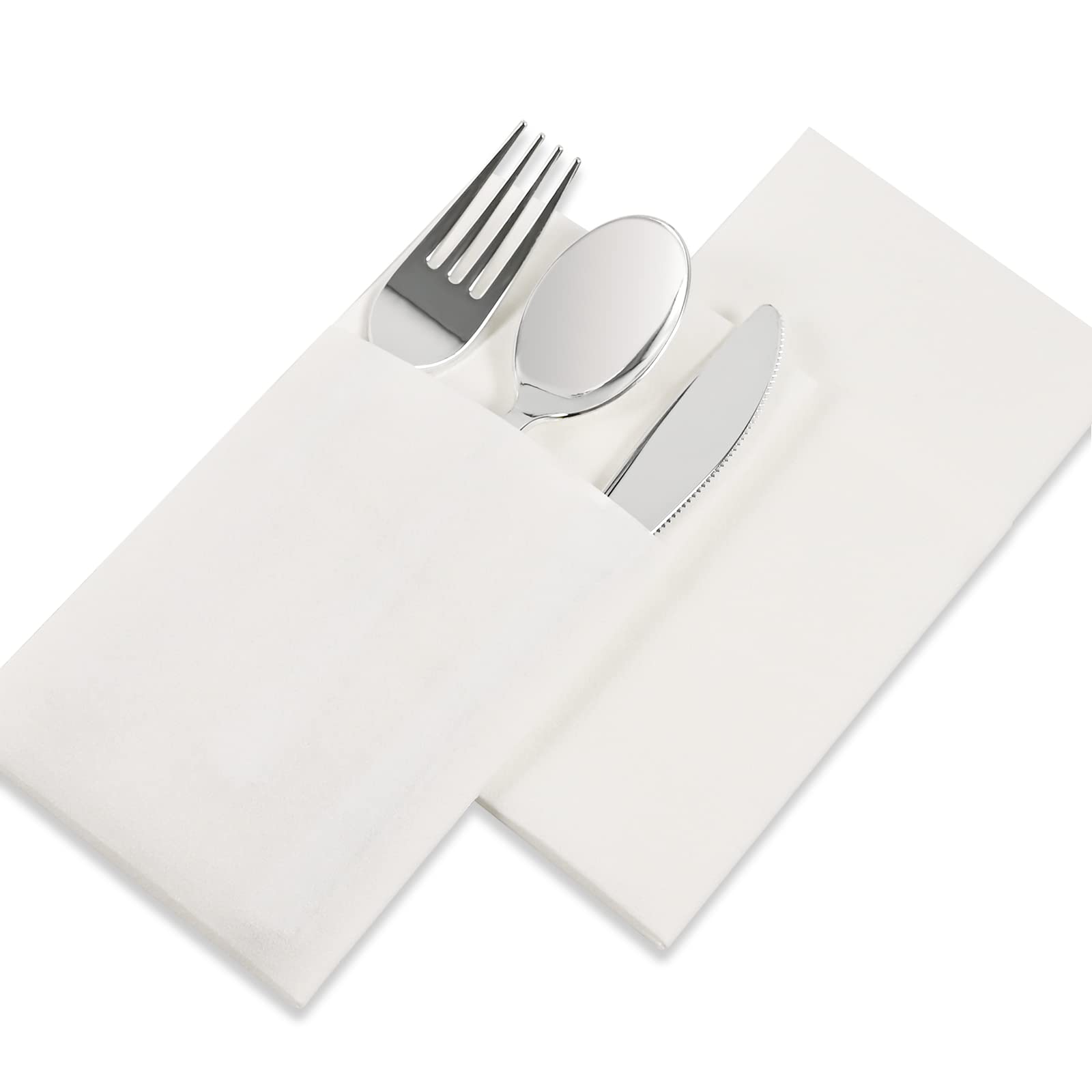 White Dinner Napkins Disposable - 100Pack Linen-Feel Paper Napkins with Built-in Flatware Pocket, Prefolded Cloth Like Paper Napkins Bulk For Dinner, Wedding, Party or Everyday Use