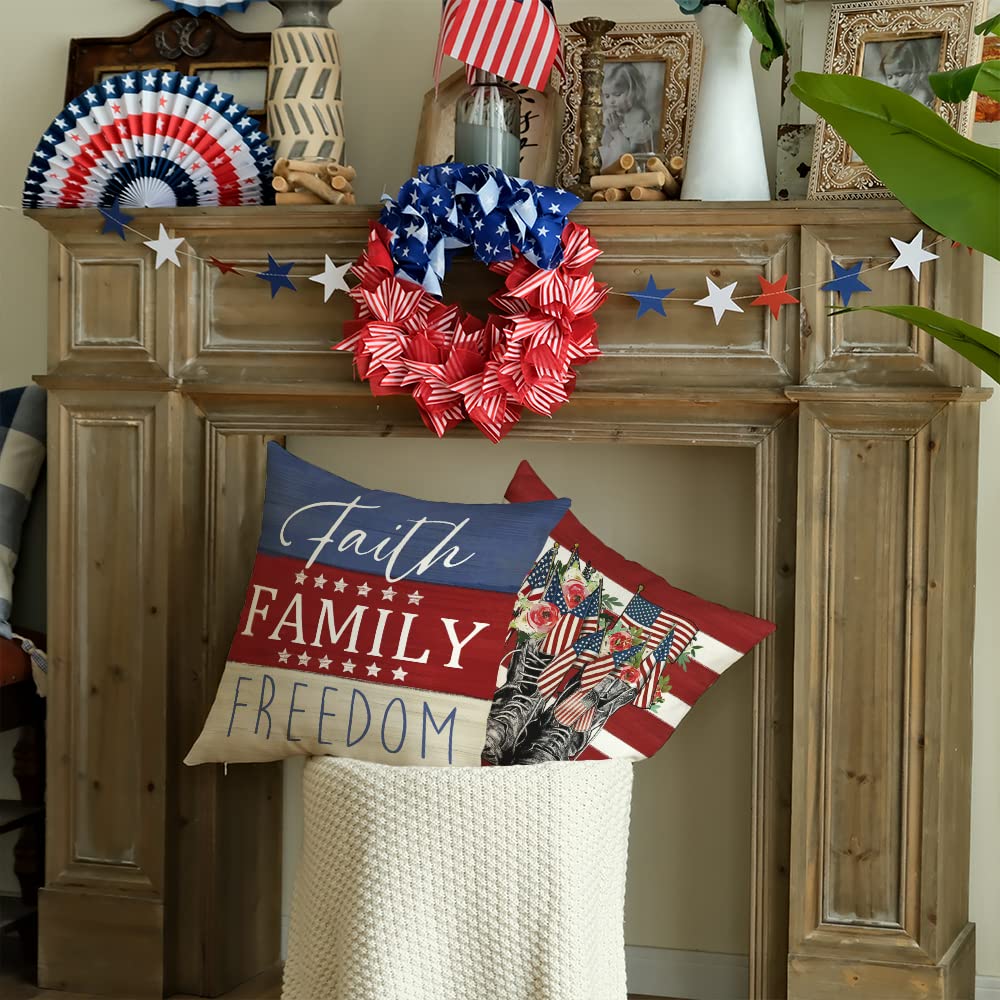 GEEORY 4th of July Decorations Pillow Covers 18 x 18 Set of 4 Star and Stripe Freedom Boot Floral Flag Throw Pillow Covers Patriotic Pillows Independence Memorial Day Decor Cushion Case G325-18