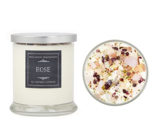 Rose Candle by New Moon Beginnings - Floral Scented Candle - Dried Flower & Crystal Candles - Love Candle - All Natural Soy Candle