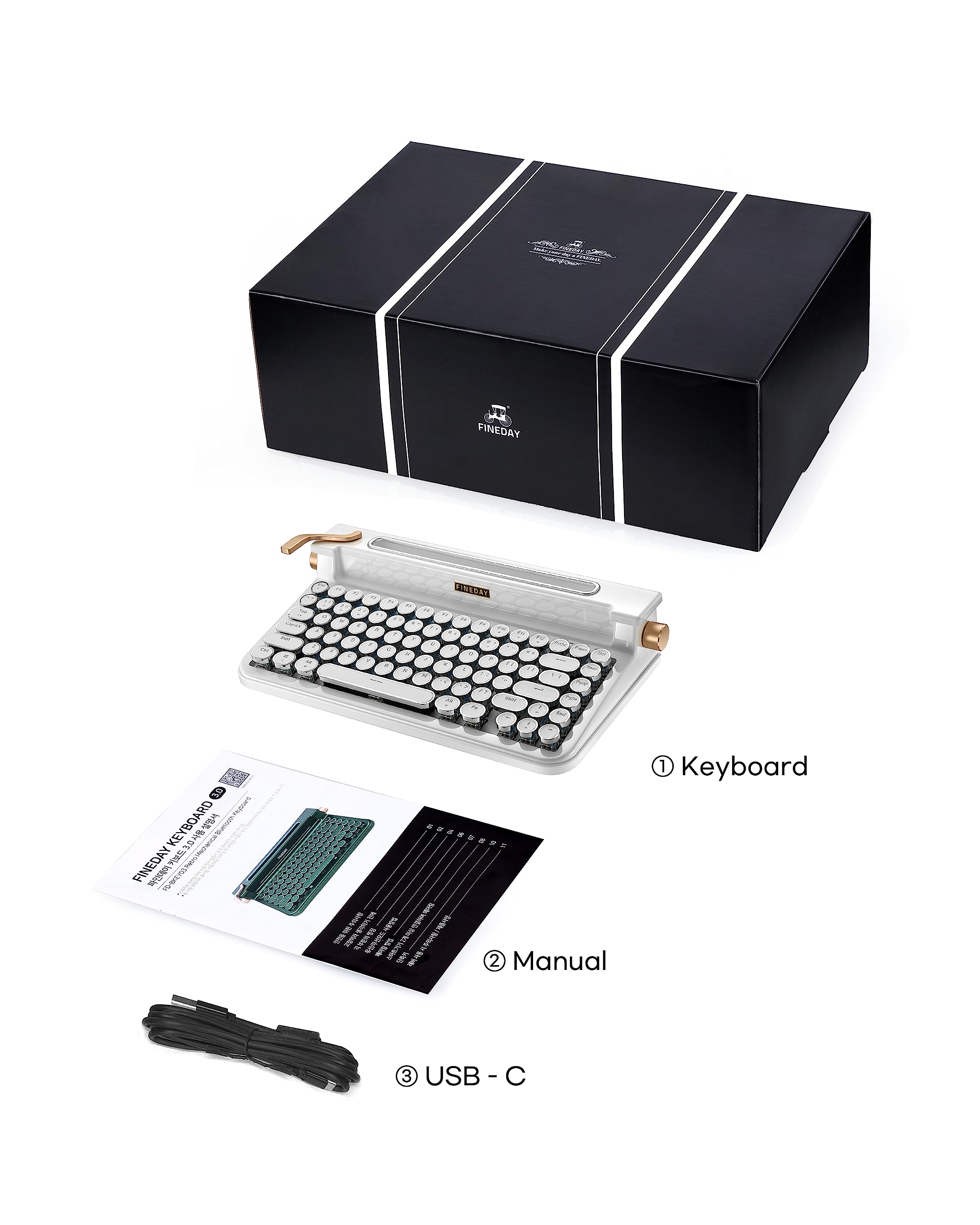 FINEDAY Keyboard 3.0, Blue Switch, Retro Mechanical Keyboard, Typewriter Designed, Bluetooth 5.0 & USB up to 4 Devices, for Desktop PC/Laptop Mac/Phone (83 ABS Keycap - White)