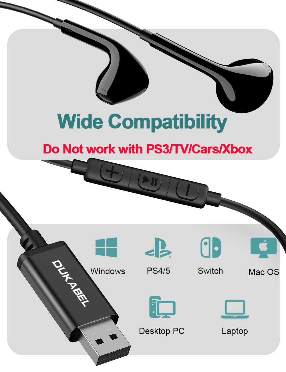 DUKABEL USB Wired Earbuds, USB Headphone with Mic for PC/ PS4/ PS5, 6FT in-Ear Stereo Earphones Headsets with Volume Control for Office Live Broadcast Gaming