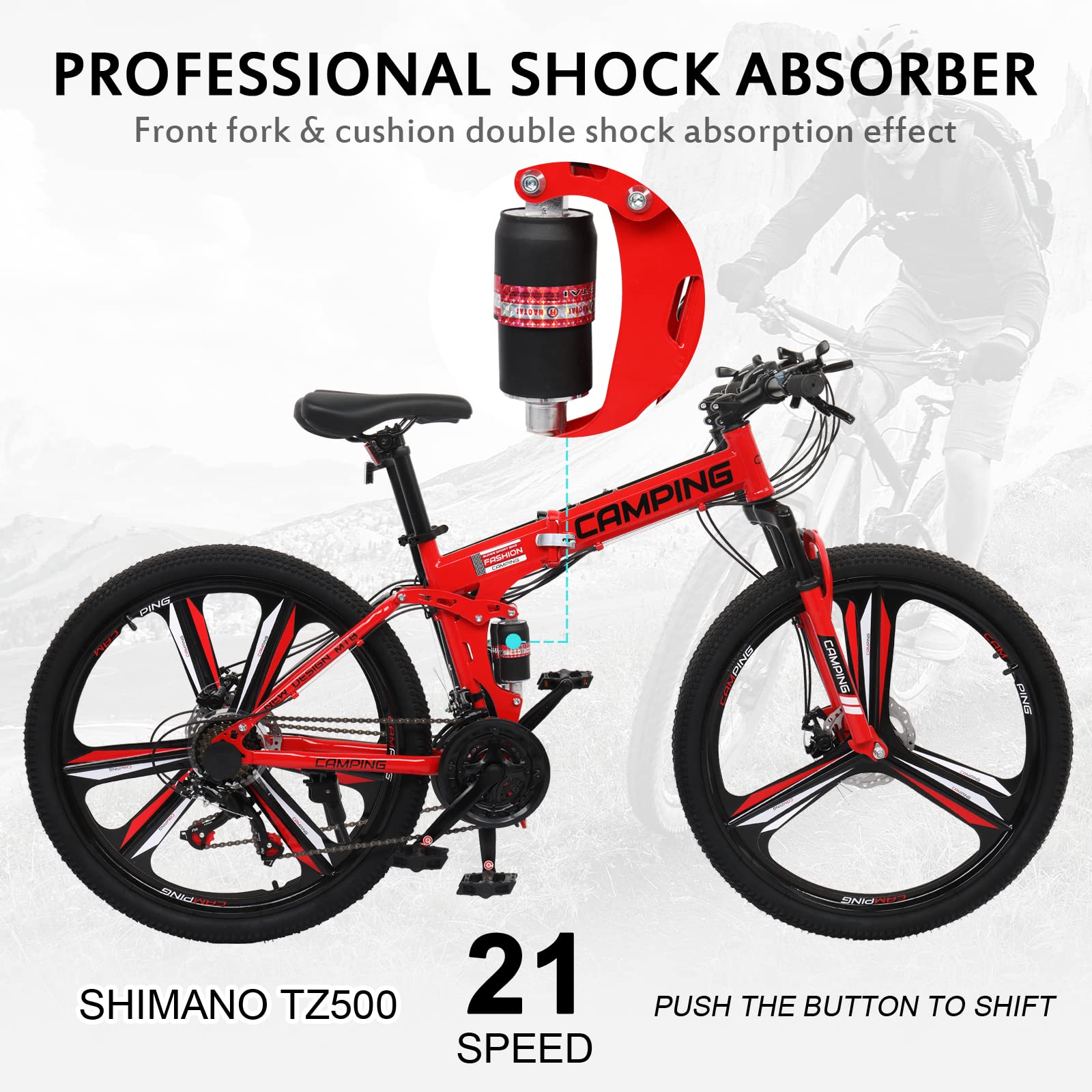 Ktaxon Foldable Mountain Bike 26 Inch Bike 21-Speed Bikes for Adults with Cool Design, Powerful Mechanical Dual Disc Brakes, Double Shock Effect and Ergonomic Cushion (Red)