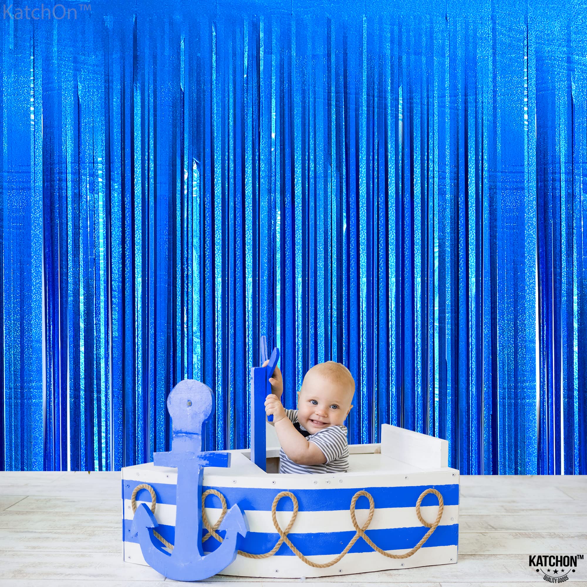 KatchOn, Iridescent Blue Streamers Backdrop - 3.2x8 Feet, Pack of 2 | Graduation Backdrop 2024, Graduation Decorations 2025, Pool Party Decorations | Iridescent Blue Backdrop, Summer Party Decorations