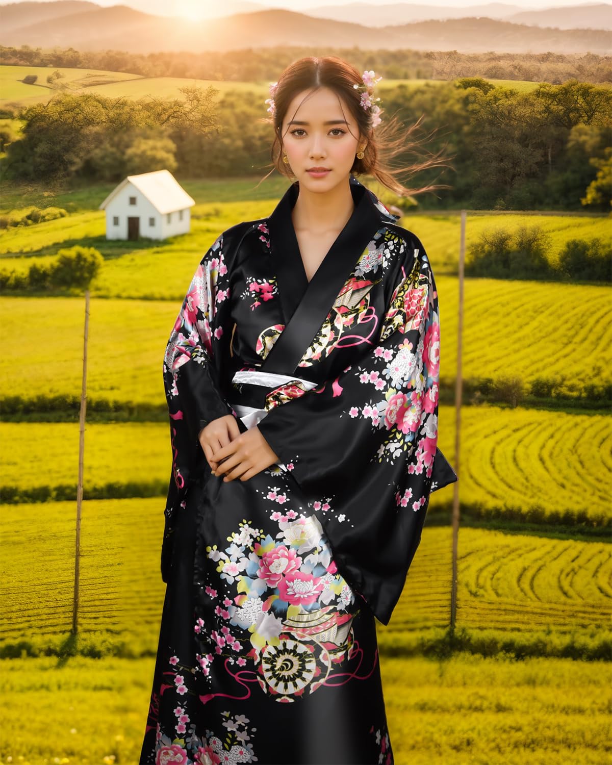PLULON 5Pcs Japanese Robe Geisha Yukata Dress Blossom Satin Bathrobe with Drawstring Bag Hand Fan Hairpin Tabi Socks Set for Women