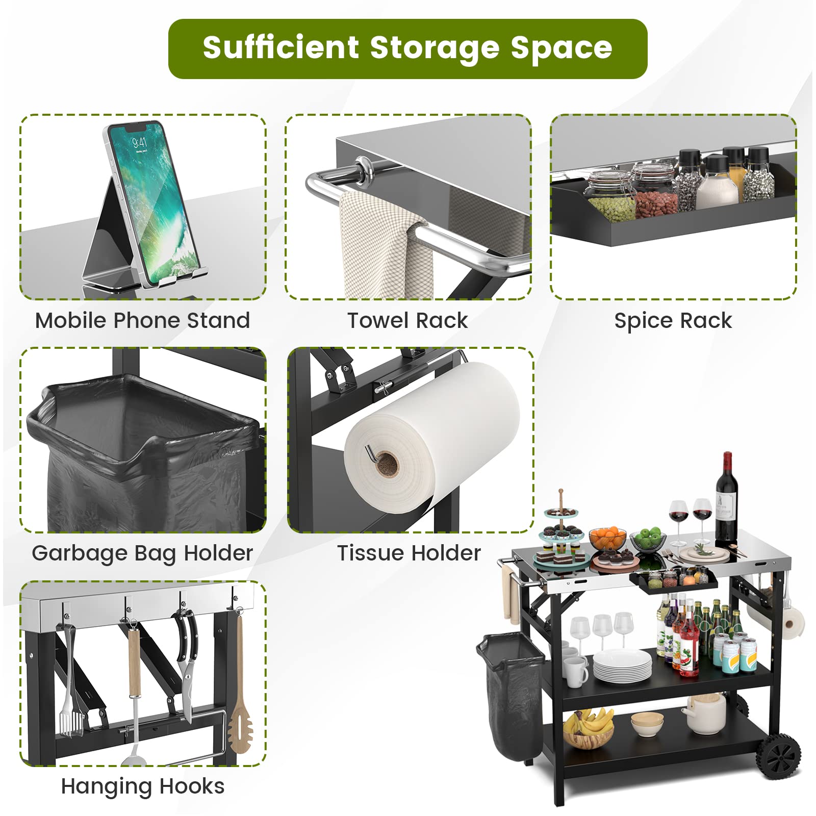 Giantex Outdoor Grill Cart with Wheels, Food Prep Table with 3 Storage Shelves, Detachable Spice Rack, Garbage Bag Holder, 4 Hooks, Movable Dining Cart Worktable Trolley for Outside Kitchen BBQ