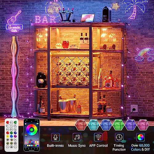 Unikito Wine Rack Freestanding Floor with Oulet and Two LED lights, 4 Tier Industrial Wine Bar Cabinet with Display Shelf, Bar Stand For Liquor, Wine Stand For Kitchen Dining Living Room, Rustic Brown