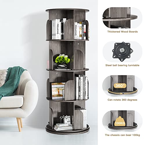 LAZEYARD Rotating Bookshelf, Rotating Bookshelf Tower for Small Space, 360 Display 4 Tier Floor Standing Storage Rack, Wood Narrow Book Shelf for Bedroom, Living Room