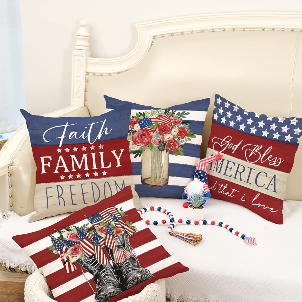 GEEORY 4th of July Decorations Pillow Covers 18 x 18 Set of 4 Star and Stripe Freedom Boot Floral Flag Throw Pillow Covers Patriotic Pillows Independence Memorial Day Decor Cushion Case G325-18