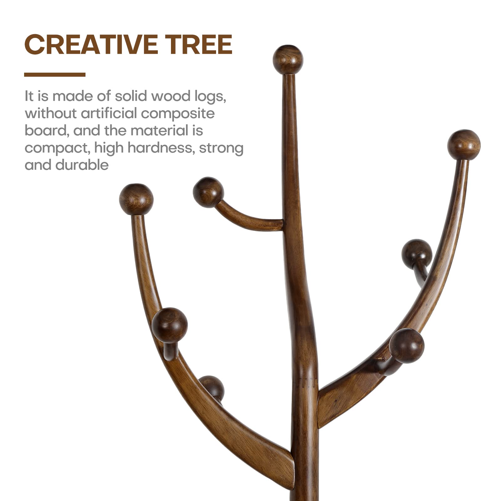Coat Rack Freestanding Wood Coat Tree Rack with 8 Hooks, Creative Design Tree Branch-look, Standing Coat Rack Clothes Hanger Stand with Stury Base for Entryway, Hallway, Bedroom - Load 160lb (Walnut)