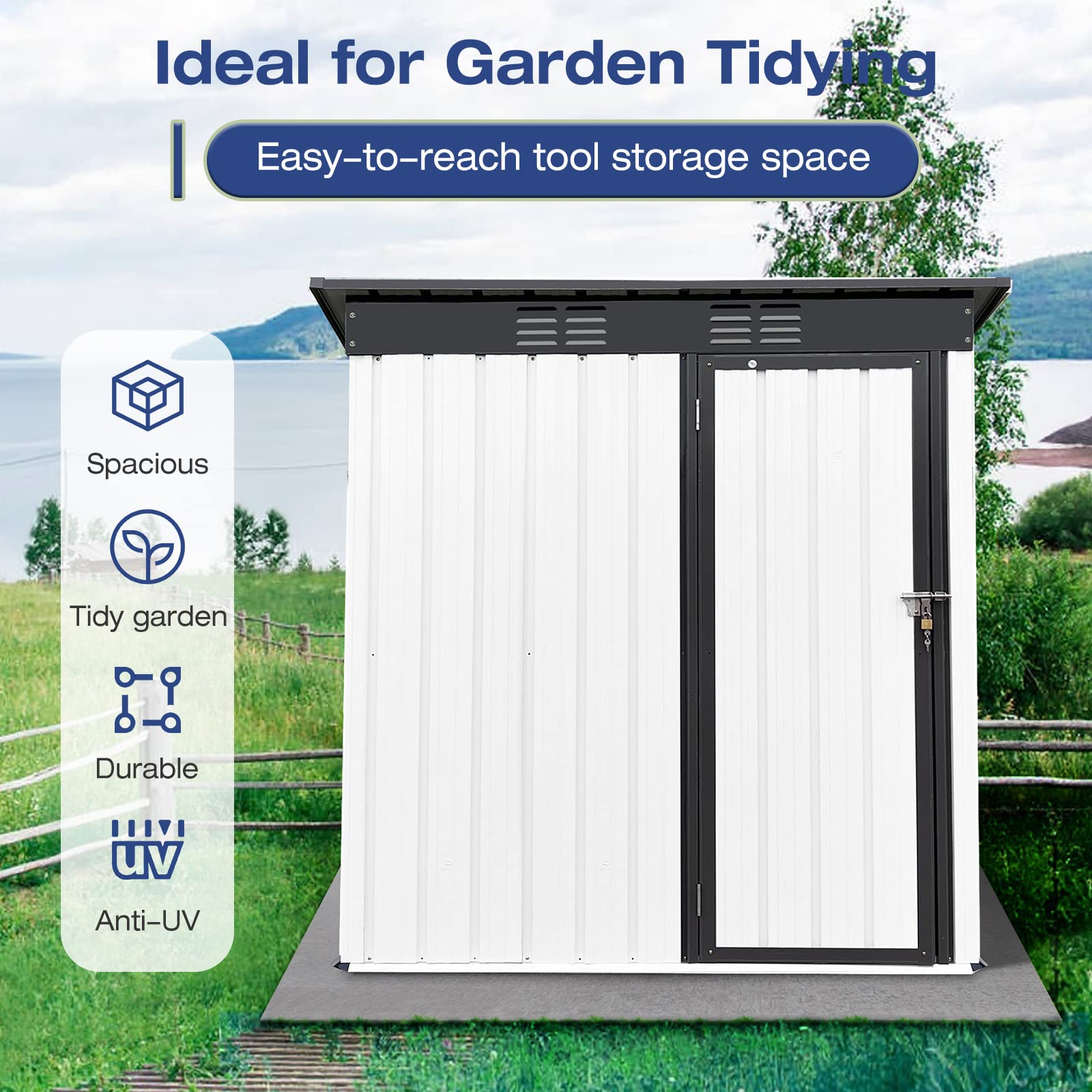 Lyromix 63.5'' × 33.8'' Metal Outdoor Storage Shed with Door & Lock, Waterproof Garden Storage Tool Shed for Backyard Patio,White Black