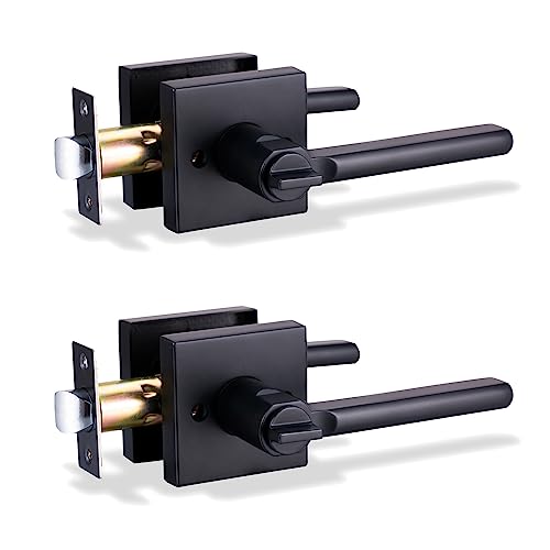 HBL' 2 Pack | Black Interior Door Handles Heavy Duty - Privacy Door Knobs for Bedroom & Bathroom | Made of Zinc Alloy | Fits Door Panel Thickness 1-3/8" to 1-3/4".