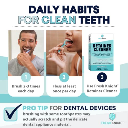 Retainer Cleaner, Denture Cleaner (120 Tablets) Removes Cloudiness, Brightens and Freshens Clear Aligners, Retainers, Night Guards, Mouth Guards, Dental Appliances, Fresh Knight
