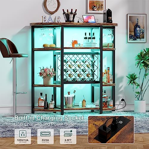 Unikito Wine Rack Freestanding Floor with Oulet and Two LED lights, 4 Tier Industrial Wine Bar Cabinet with Display Shelf, Bar Stand For Liquor, Wine Stand For Kitchen Dining Living Room, Rustic Brown