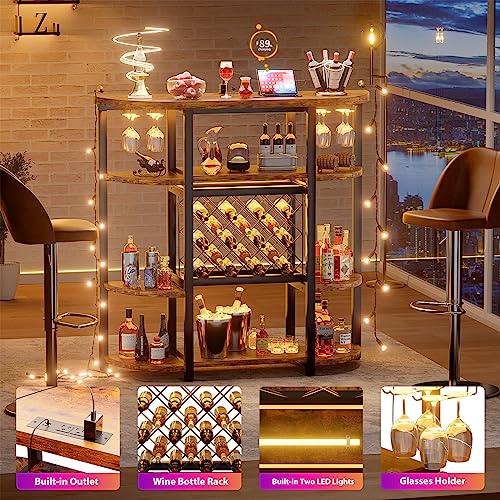 Unikito Wine Rack Freestanding Floor with Oulet and Two LED lights, 4 Tier Industrial Wine Bar Cabinet with Display Shelf, Bar Stand For Liquor, Wine Stand For Kitchen Dining Living Room, Rustic Brown