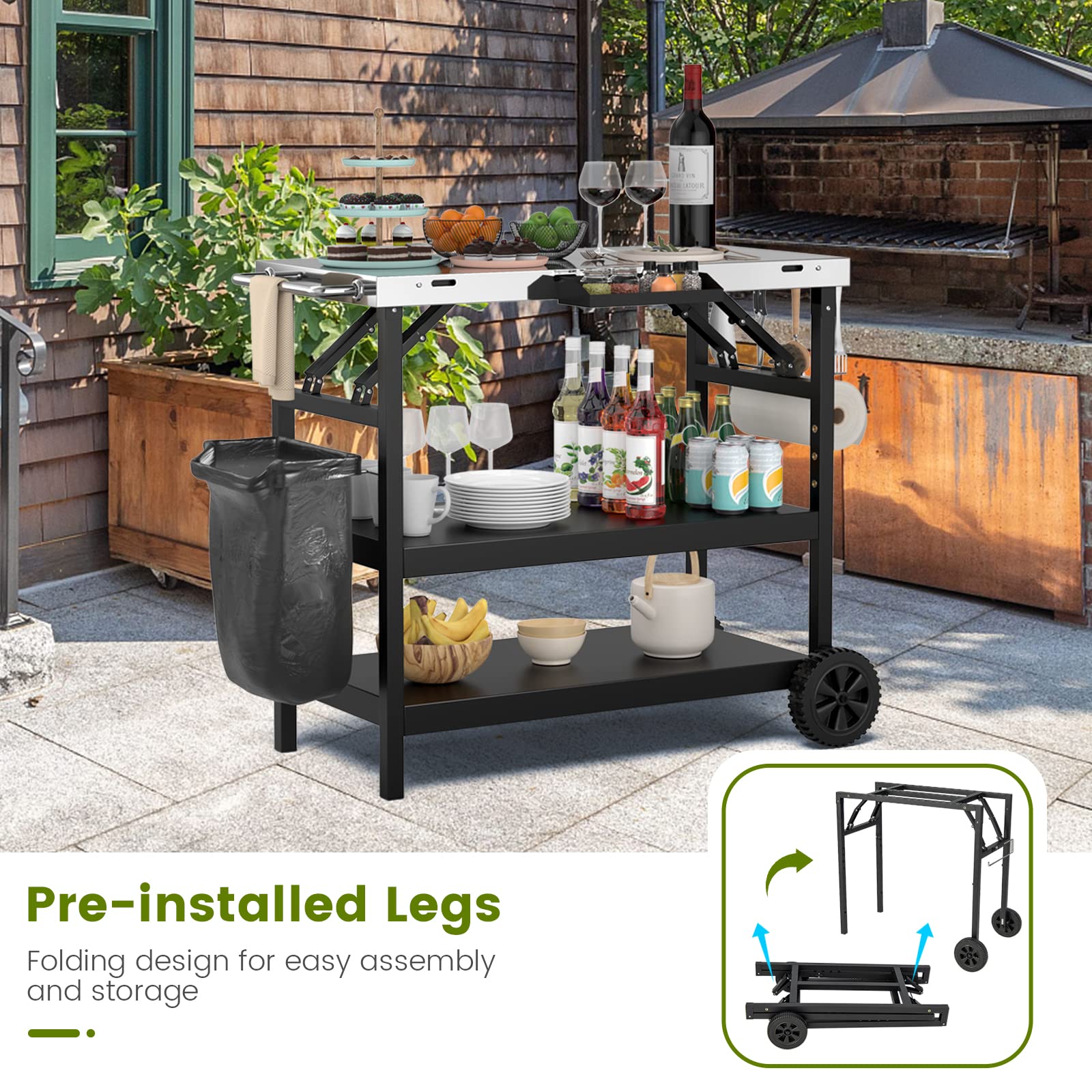 Giantex Outdoor Grill Cart with Wheels, Food Prep Table with 3 Storage Shelves, Detachable Spice Rack, Garbage Bag Holder, 4 Hooks, Movable Dining Cart Worktable Trolley for Outside Kitchen BBQ
