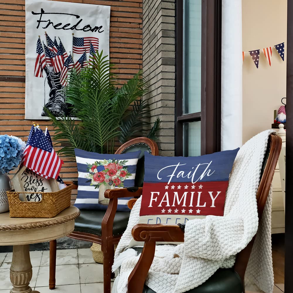 GEEORY 4th of July Decorations Pillow Covers 18 x 18 Set of 4 Star and Stripe Freedom Boot Floral Flag Throw Pillow Covers Patriotic Pillows Independence Memorial Day Decor Cushion Case G325-18