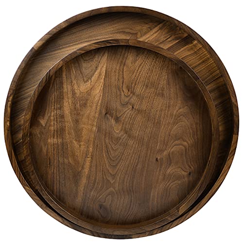 24" x 24" Round Solid Black Walnut Wood Serving Tray Extra Large Ottoman Table Tray Circle Tray with Handle Platter Decorative Tray for Oversized Ottoman