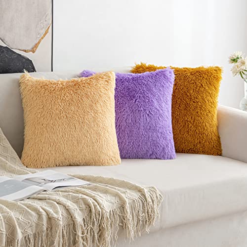 MIULEE Pack of 2 Luxury Faux Fur Throw Pillow Cover Deluxe Decorative Plush Pillow Case Cushion Cover Shell for Sofa Bedroom Car 18 x 18 Inch Light Purple