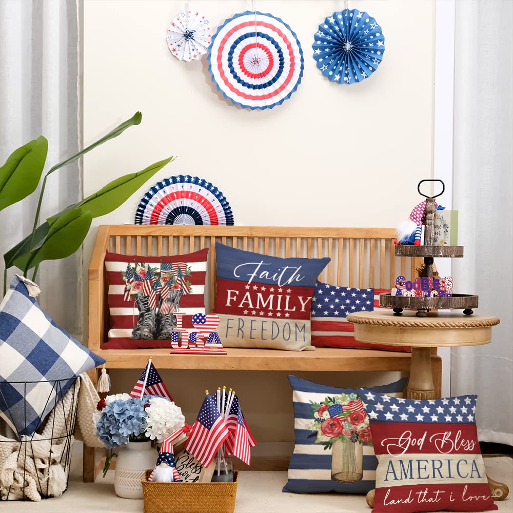 GEEORY 4th of July Decorations Pillow Covers 18 x 18 Set of 4 Star and Stripe Freedom Boot Floral Flag Throw Pillow Covers Patriotic Pillows Independence Memorial Day Decor Cushion Case G325-18