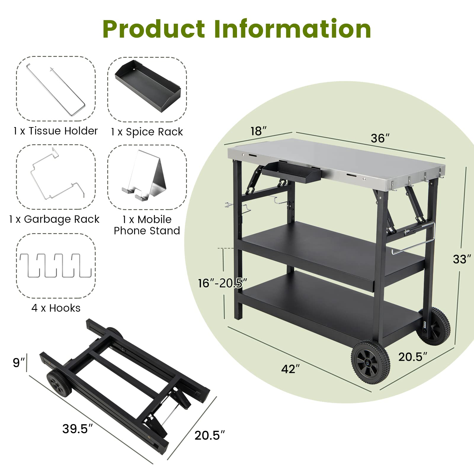 Giantex Outdoor Grill Cart with Wheels, Food Prep Table with 3 Storage Shelves, Detachable Spice Rack, Garbage Bag Holder, 4 Hooks, Movable Dining Cart Worktable Trolley for Outside Kitchen BBQ