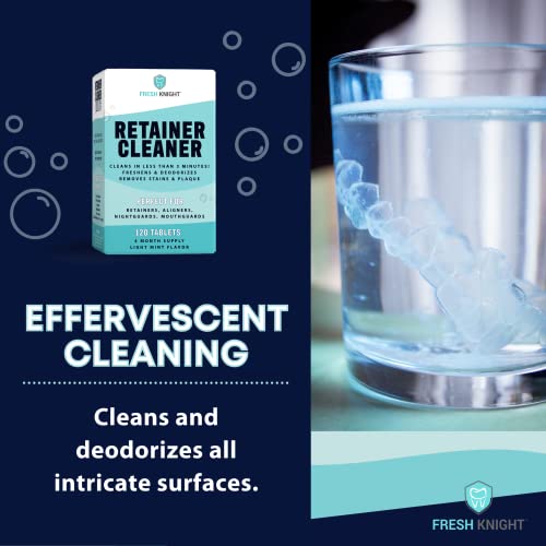 Retainer Cleaner, Denture Cleaner (120 Tablets) Removes Cloudiness, Brightens and Freshens Clear Aligners, Retainers, Night Guards, Mouth Guards, Dental Appliances, Fresh Knight